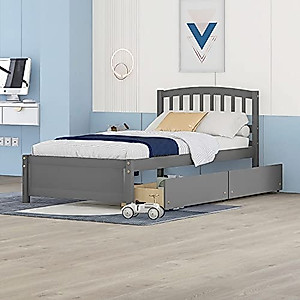 Twin Bed with Drawers,Wood Bed Frame with Headboard and Footboard Wood Platform Captain Beds for Boys, Girls, Kids, Teens and Adults, Gray