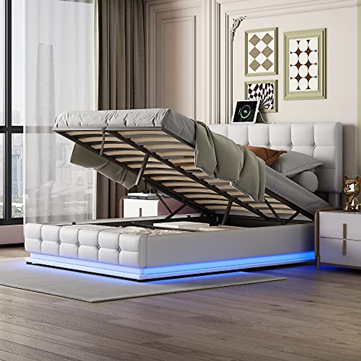 Bellemave Queen Lift Storage Bed with LED Lights and USB Charger, PU Upholstered Queen Platform Bed with Hydraulic Storage System for Kids Teens and Adults, No Box Spring Needed (Queen, White)