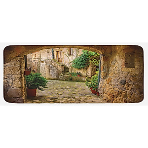 Lunarable Scenery Kitchen Mat, Landscape from Another Door Antique Style Stone Village Tuscany Italian Valley, Plush Decorative Kitchen Mat with Non Slip Backing, 47" X 19", Pale Brown