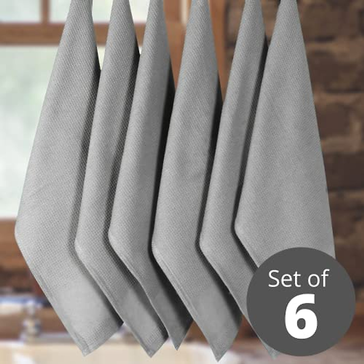 Linen Hub 100% Cotton Waffle Kitchen Dish Towels 16x26 Oversized, Absorbent Durable Washable, Tea Towels, Dish Cloths, Bar Towels, Cleaning Towels, Kitchen Towels with Hanging Loop - Set of 6 Grey