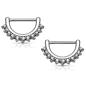 Pierced Owl 14GA Stainless Steel CZ Crystal Lined Fan Nipple Clicker Rings, Sold as a Pair (Silver Tone)