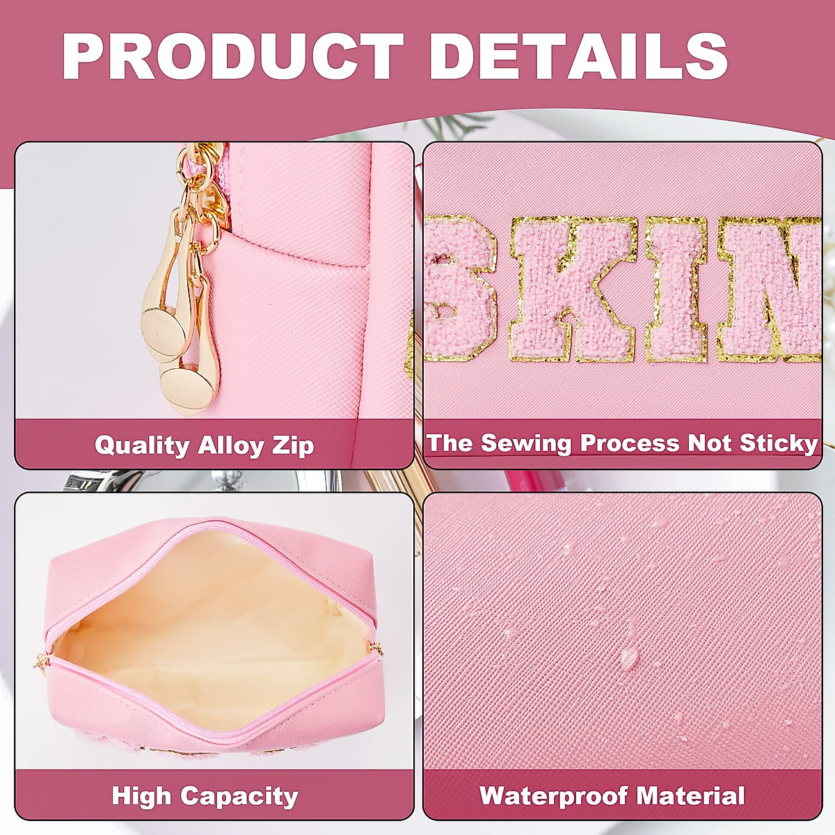 Burskit Preppy Patch Skincare Bag Travel Makeup Bag Varsity Letter Cosmetic Toiletry Cute Bag for Teen Girls PU Leather Portable Zipper Pouch Storage Purse Waterproof Organizer (Pink)