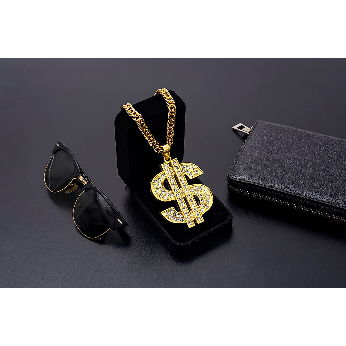 HUITIAN INTL Gold Chain with Dollar Sign Big Money Necklaces for Men Women Stainless Steel Rhinestone Jewelry Fashion Pendants with 28 Inches Cuban Chain (Gold)Spinner Dollar Sign Necklaces 36 Inches