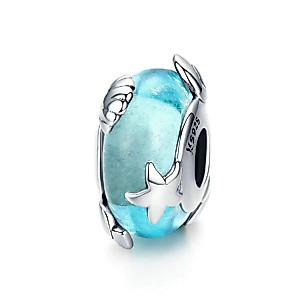 Genuine Murano Glass Charms Beads for Bracelets Original 925 sterling silver Core Blue Bubbles Pink Flowers Charms for Pandora Bracelets (C1257 Ocean Charms)