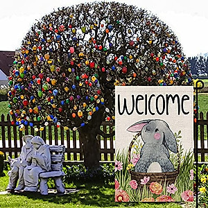 Welcome Easter Garden Flag Vertical Double Sided, Spring Bunny Floral Basket Holiday Yard Farmhouse Outdoor Decoration 12x18 Inch DF022