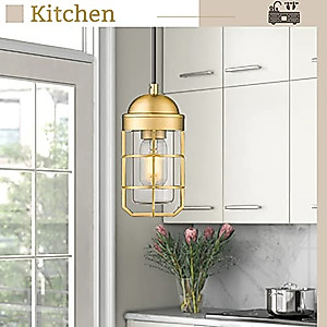 Emliviar Modern Gold Pendant Light with Metal Cage, Mini Ceiling Hanging Light with Clear Tempered Glass for Kitchen Dining Room, Gold Finish, GE255P BG