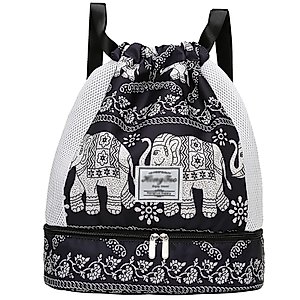 Drawstring Bag Sport Gym Backpack With Shoe Compartment And Dry Wet Depart Swimming Gym Bag, Drawstring Backpack Gym Bags For Men/Women For Travel, Fitness, Soccer, Beach(black print)