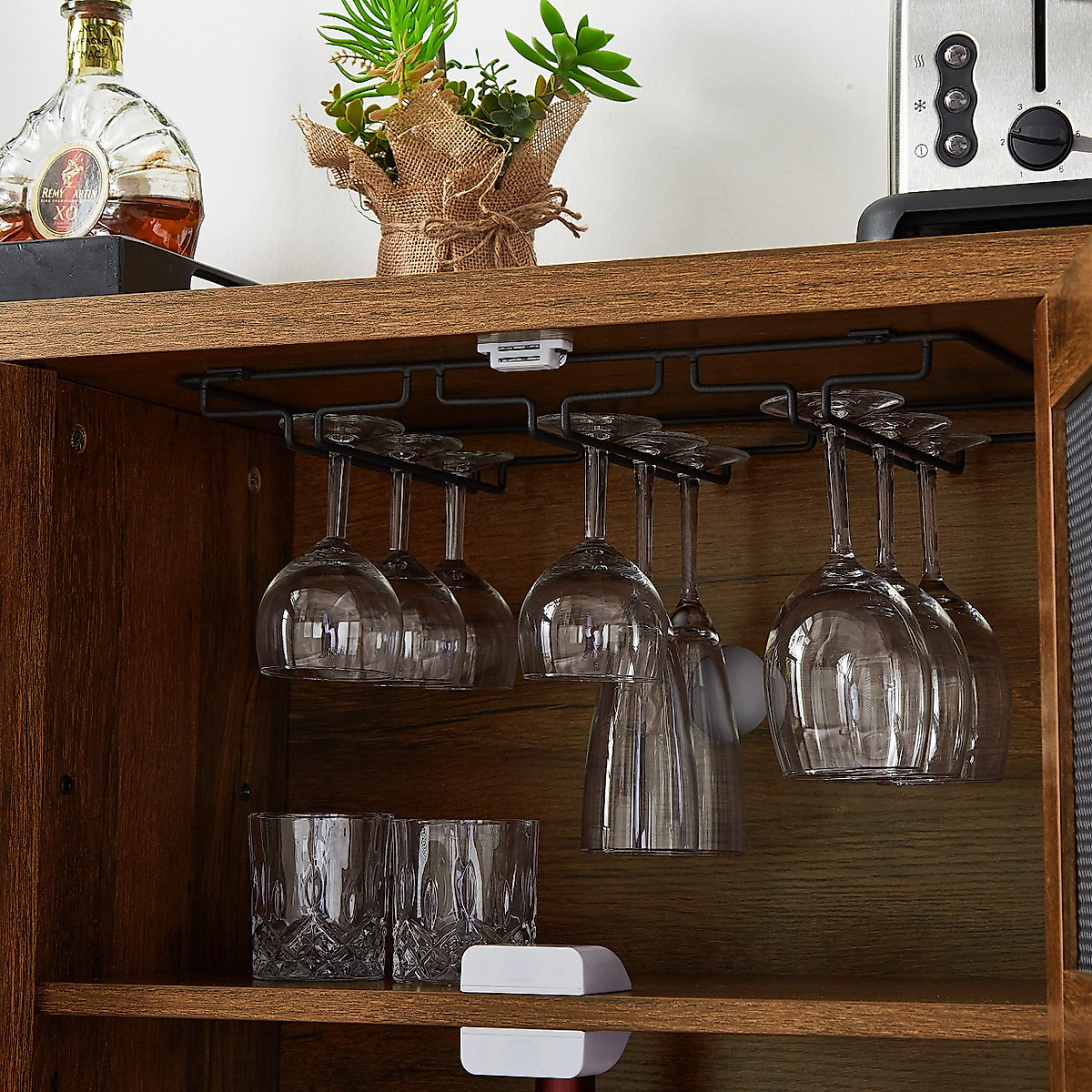 Tiophome Industrial Bar, Liquor Storage Credenza, Farmhouse Wood Coffee Cabinets with Wine Racks & Stemware Holder, Metal Sideboard and Buffet (55.12''W, Hazelnut Brown), Large