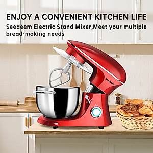 Seedeem Stand Mixer, 6Qt Electric Food Mixer, 660W 6-Speeds Tilt-Head Dough Mixers with Dishwasher-Safe Dough Hook, Wire Whip & Beater for Daily Use, Red