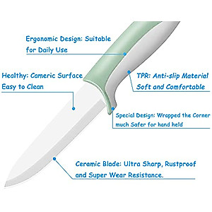Premium Ceramic Knife 4 inches, Kitchen Paring Knife - Ultra Sharp Fruit Knife for Vegetable Food with Hippo Shaped Cover, Small Portable Pairing Knives Food knife with Sheath, Green, by Jonbyi