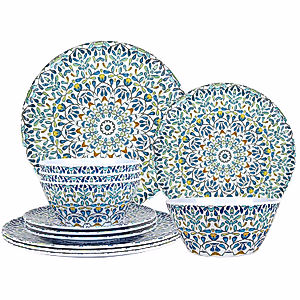 Aclema Melamine Dinnerware Sets 12 Pcs Dish Set Plates Bowls Unbreakable for Kitchen Dinner Outdoor Indoor Service for 4 Vintage