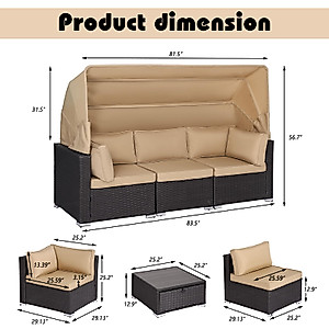 TITIMO 6 Pieces Patio Furniture Set Outdoor Conversation Set Daybed with Retractable Canopy Patio Sectional Rattan Sofa Set W/Adjustable Backrest and Table for Poolside (Brown)