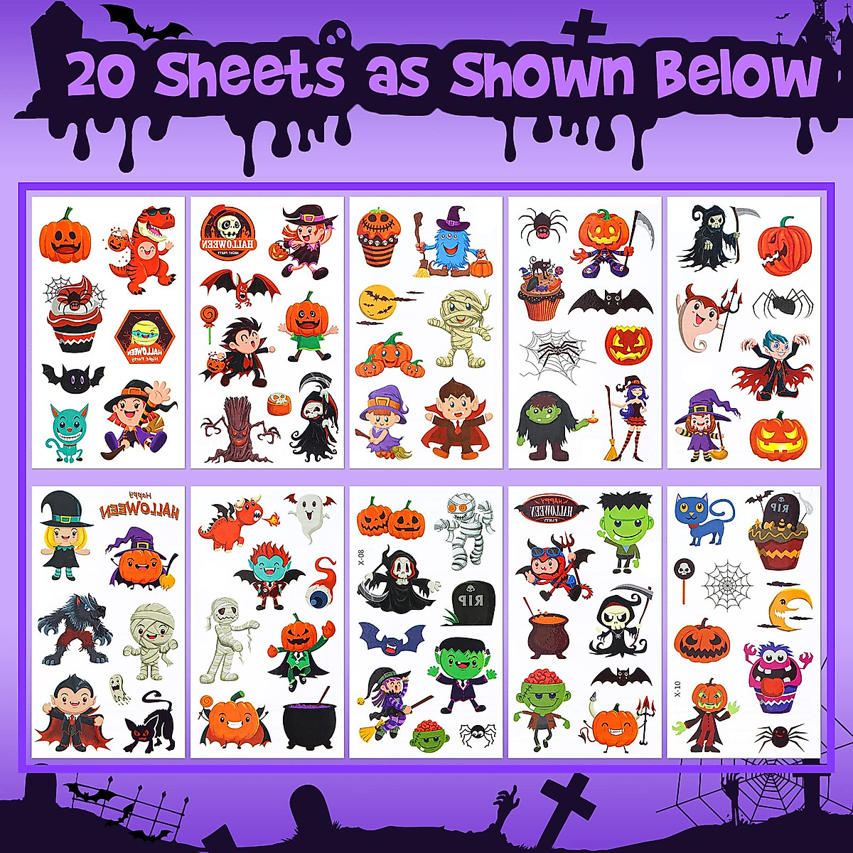 20 Sheets Halloween Temporary Tattoos for Kids, Waterproof Fake Tattoos Stickers, Halloween Activities for Kids, Halloween Parties Favors Decorations Gift Supplies for Toddlers, Children, Boys and