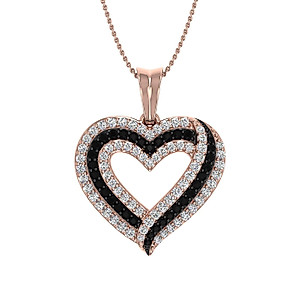 FINEROCK 1/2 Carat Black & White Diamond Heart Pendant Necklace in 10K Rose Gold (Included Silver Chain)