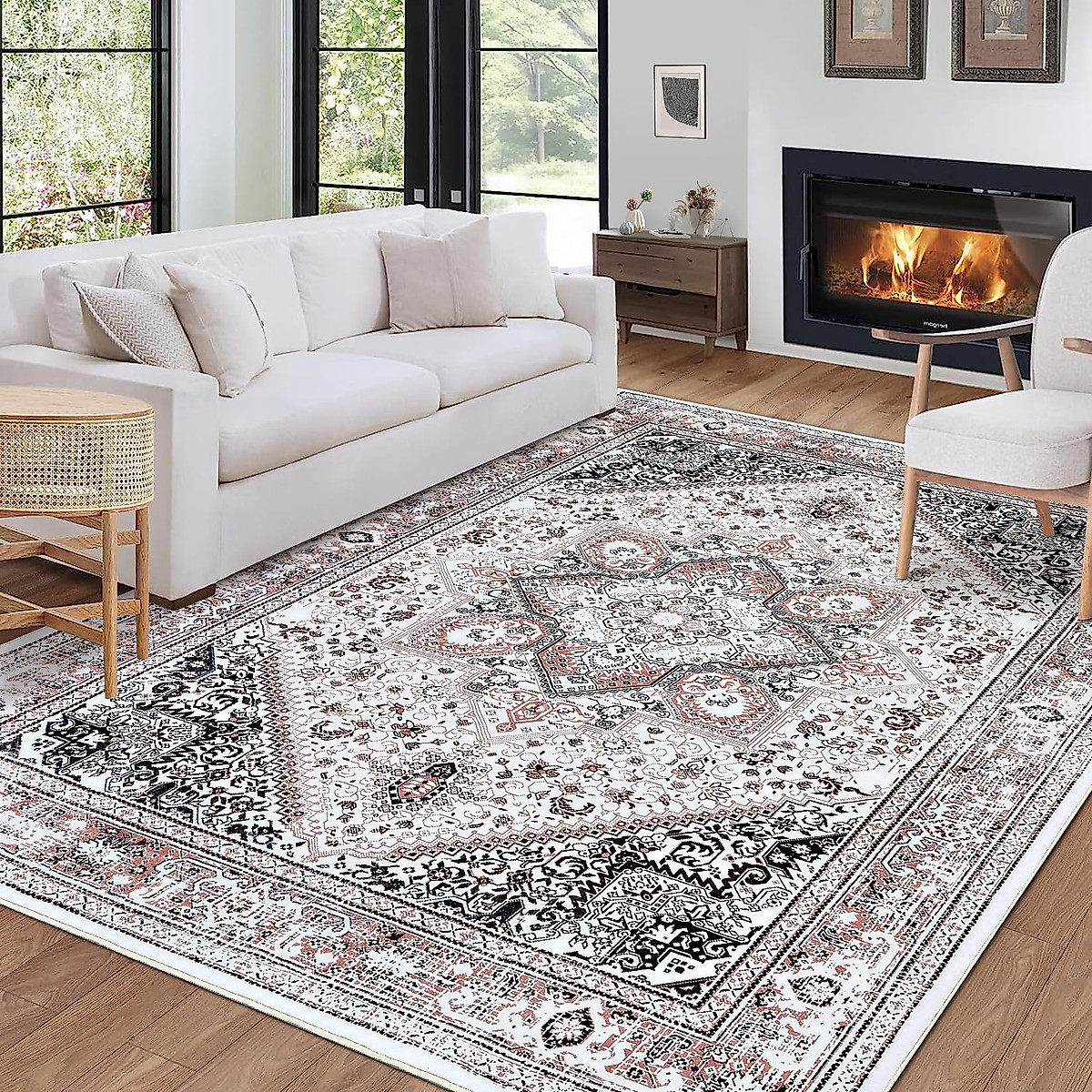 GAOMON Washable Area Rug 8x10 Bohemian Rug Soft Low-Pile Washable Rug with Non-Slip Backing, Grey Plant Floral Pattern Vintage Rug for Living Room Bedroom Dining Home Office,8x10