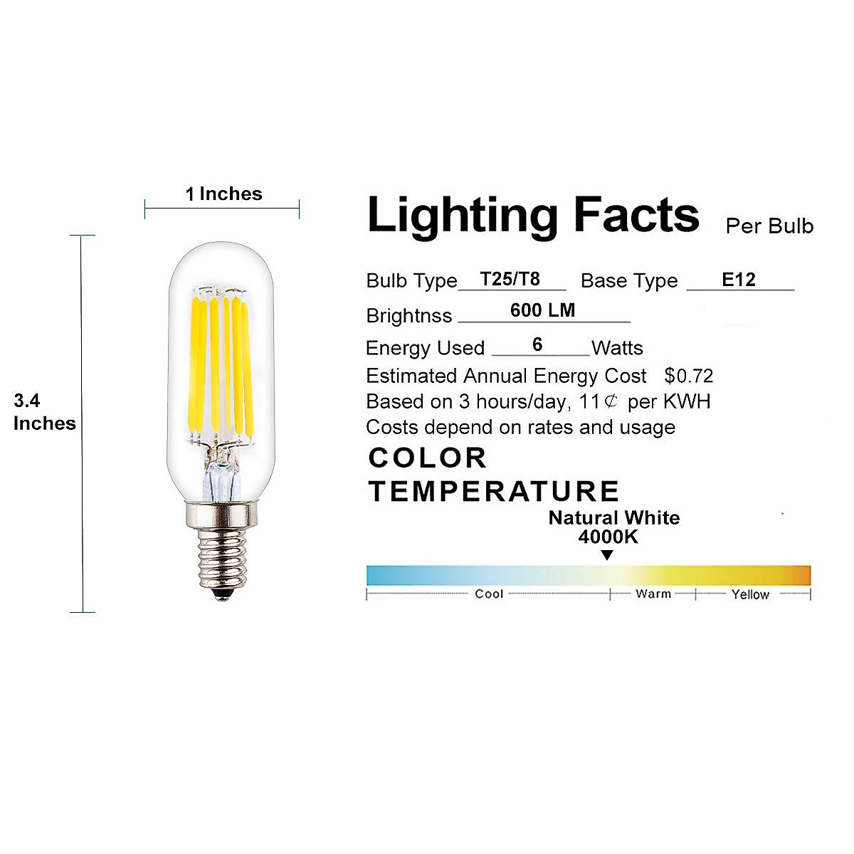 OPALRAY T8(T25) LED Small Tubular Bulb, Dimmable 6W, Natural White 4000K Daylight, 60W Incandescent Equivalent, LED Filament Lamp, E12 Candelabra Bulb Base, Clear Glass Tube Tip, 5-Pack