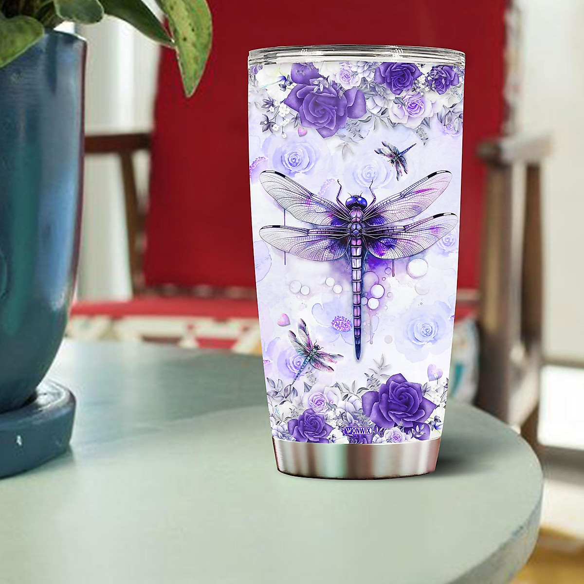 WONWIX Personalized Dragonfly Coffee Mug Cups Gifts For Women Unique Mom, Purple Dragonflies Water Bottle Mothers Day Birthday Christmas Valentine 20oz Stainless Steel Thermos Tumbler Cup With Lid