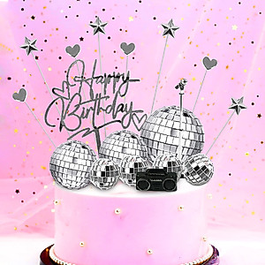 23PCS Disco Ball Cake Toppers 70's Disco Theme Cake Decoration Set with DJ Bling Silver Mirror Balls Centerpiece and Mini Microphone Radio Toy Decor for Women Men 1970s Dance Birthday Party Supplies