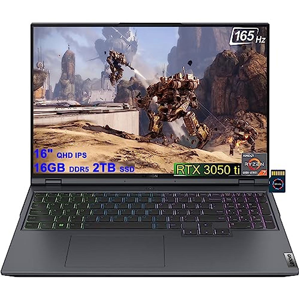 Lenovo Legion 5 Pro 16 Gaming Laptop | 16" QHD 165Hz 500 nits 100% sRGB | AMD 8-Core Ryzen 7 6800H (>i7-11370H) | 16GB DDR5 2TB SSD | GeForce RTX3050Ti 4GB | Backlit USB-C Win11 + 32GB MicroSD Card