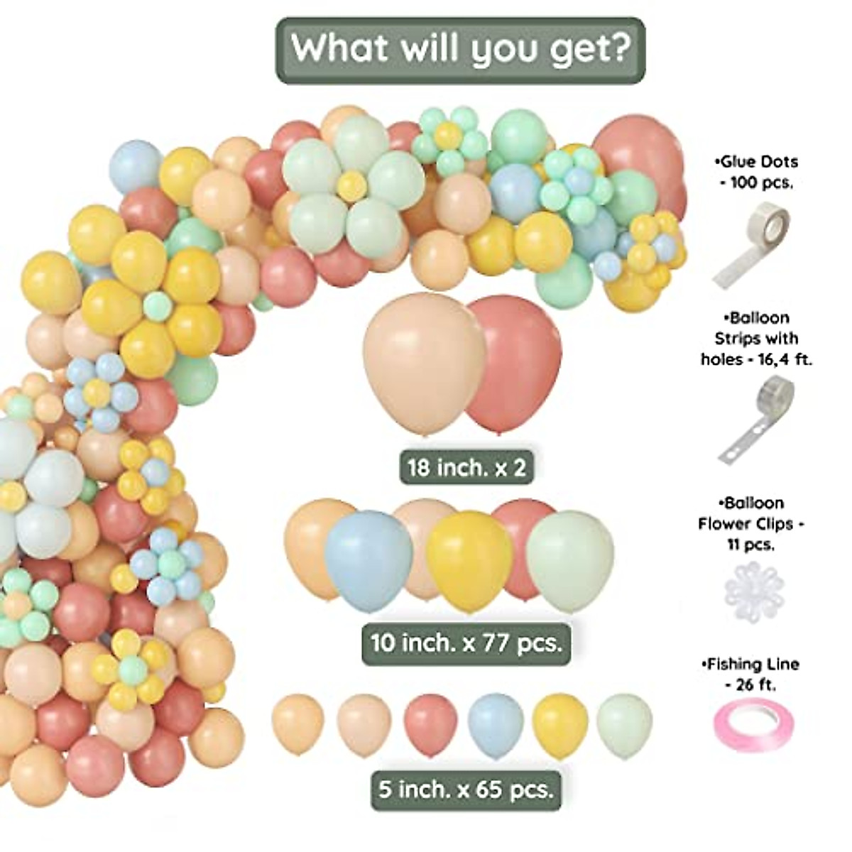 158Pcs Daisy Balloon Garland Kit Pastel Pink Yellow Orange Blue Flower Balloon Arch for Baby Shower, Retro Hippie, One Two Groovy Birthday Party Decorations