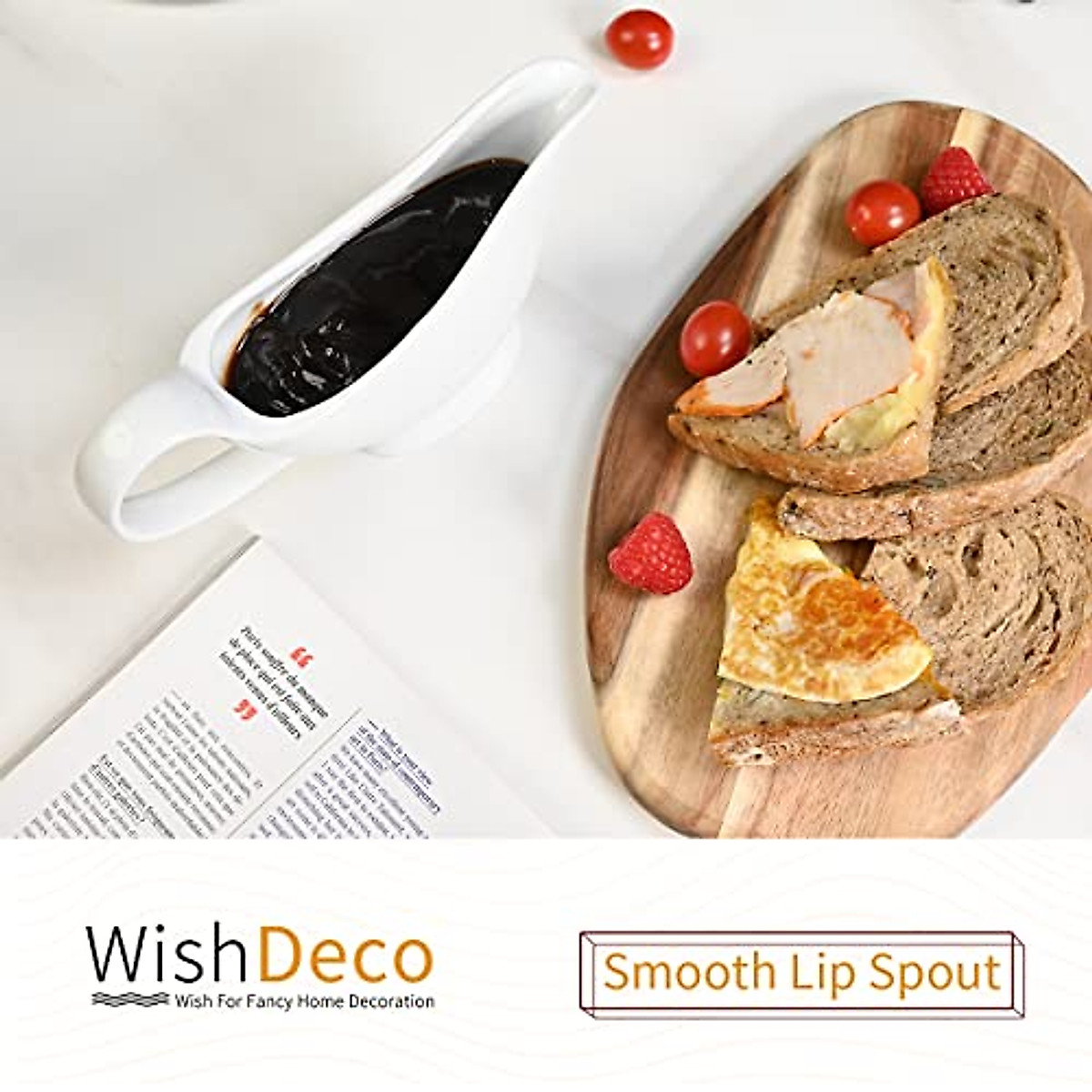 WishDeco White Gravy Boat, 8oz Ceramic Gravy Jug, Small Sauce Jug with Smooth Handle, Porcelain Sauce Boat for Salad Dressing, Broth, Cream, Milk