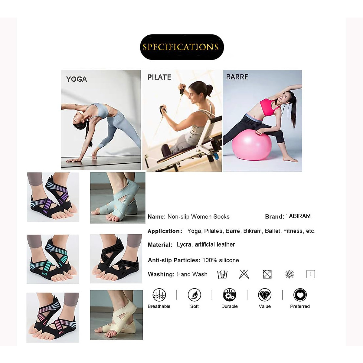 ABIRAM Yoga Socks Toeless Non-Slip Grips & Straps, for Pilates, Barre, Ballet, Bikram, Workout for Women