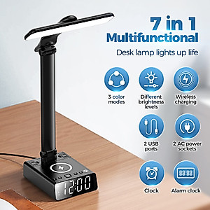 Docusvect LED Desk Lamp with 2 USB Charging Ports and 2 AC Outlets, 3 Lighting Modes × Stepless Dimming LED Desk Lamp with 15W Wireless Charger, Digital Alarm Clock for Home Office & College Dorm Room
