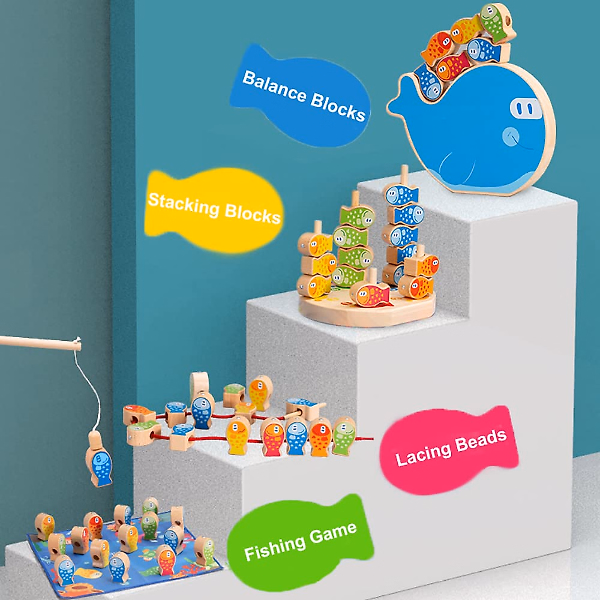 Dailyfunn Montessori Toy 4-in-1 Magnetic Fishing Game Stacking Blocks Lacing Beads Toys for Toddlers-Kids