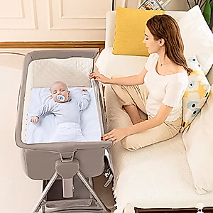 SteAnny Baby Beside Sleeper Rocking Cribs Luxury Newborn Sleeping Bassinet Portable Travel Infant Bed for 0-6M Cradle (Khaki)