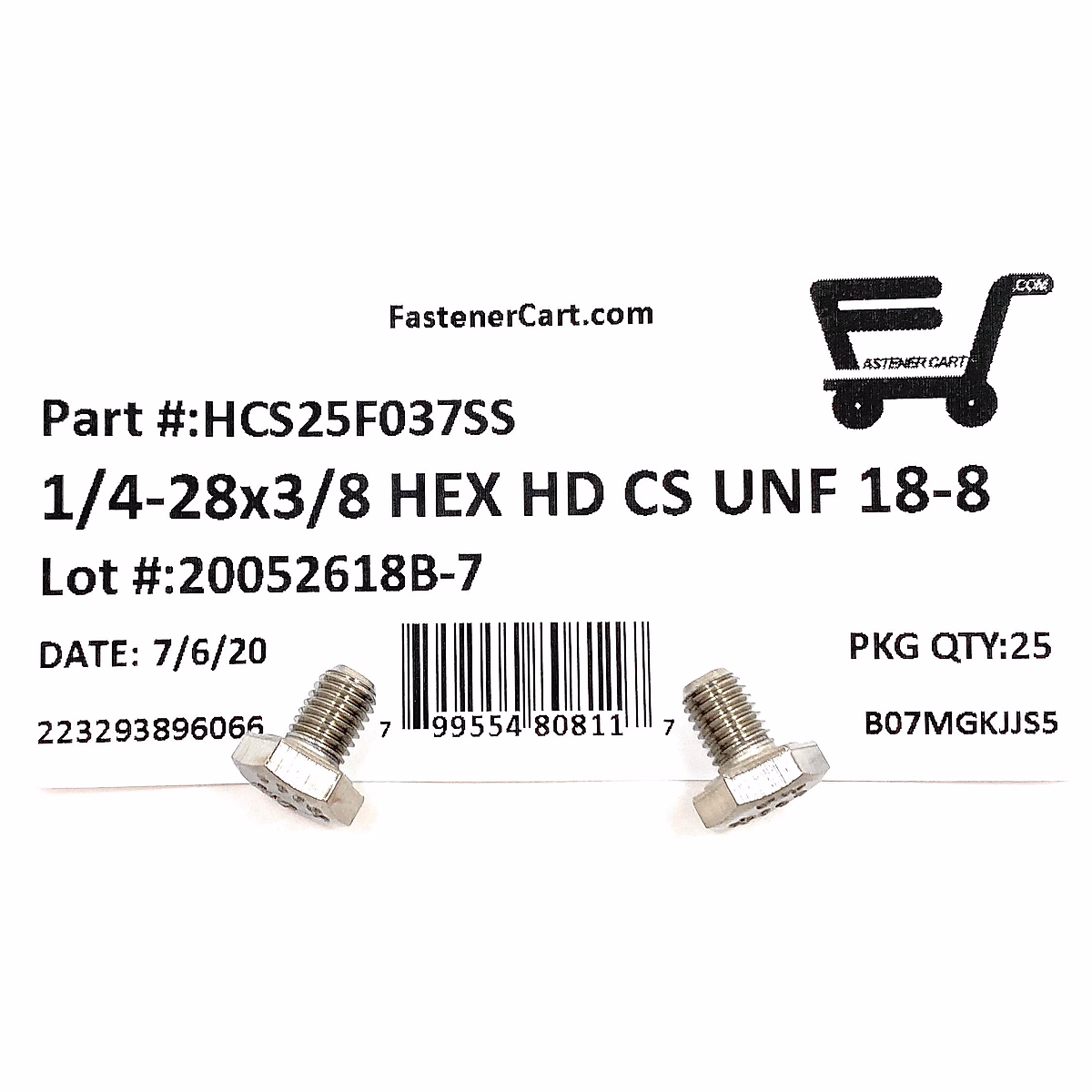 1/4-28x3/8 Stainless Steel Hex Cap Screws FT Hex Bolts 18-8 (UNF) FINE Thread - (25 pcs)