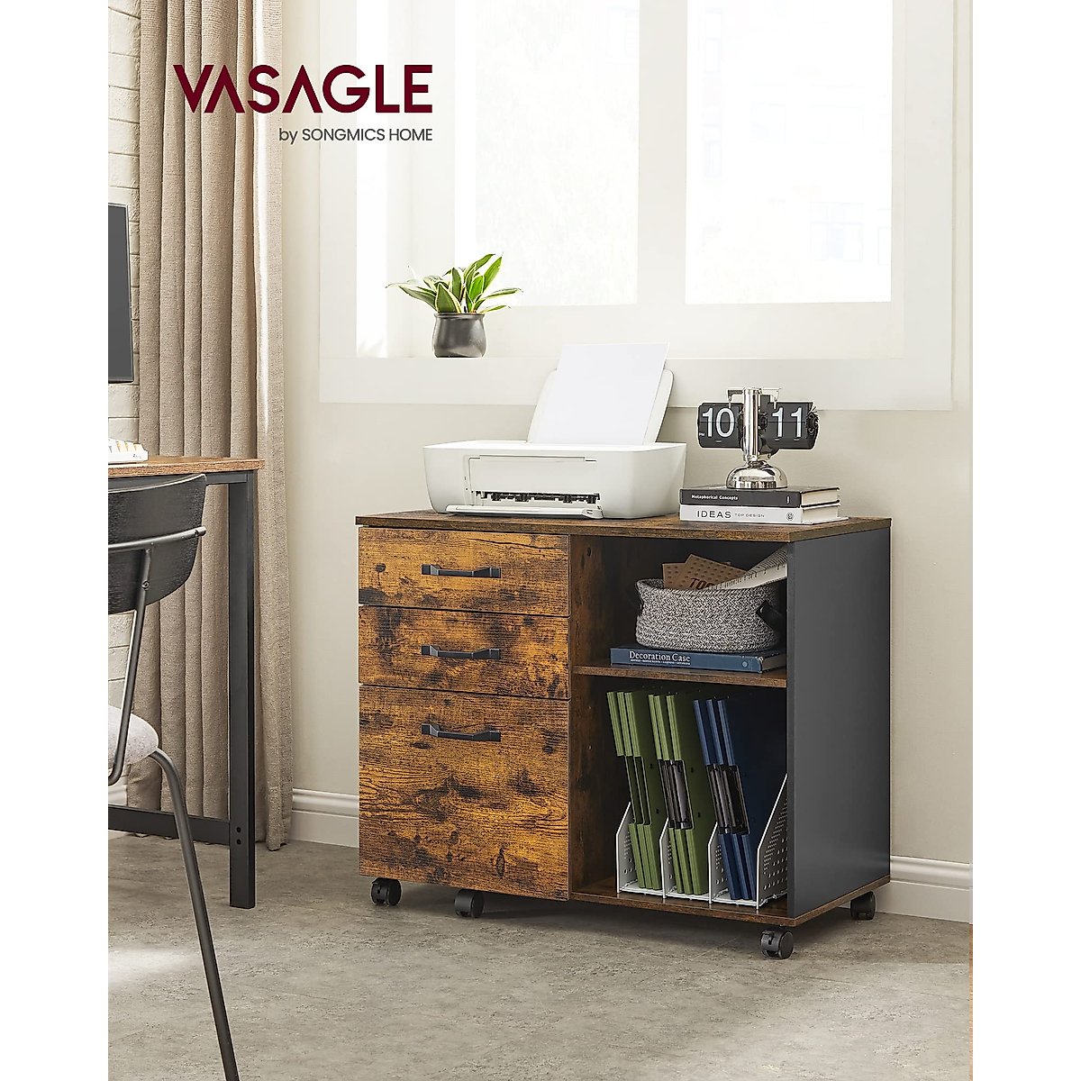 VASAGLE Lateral File Cabinet, Home Office Printer Stand, with 3 Drawers and Open Storage Shelves & Bookshelf, 4-Tier Shelving Unit, Bookcase, Book Shelf, 11.8 x 25.9 x 47.2 Inches