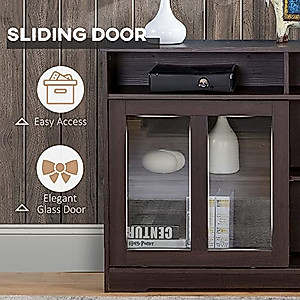 HOMCOM Sideboard Buffet Cabinet, Coffee Bar Cabinet,Credenza with Sliding Glass Doors, Cupboard and Adjustable Shelf, Dark Brown