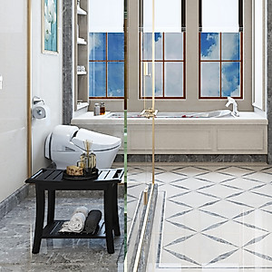 Bamboo Shower Bench Inside Shower Stool with Storage Shelf, Spa Bath Chair for Bathroom, Seat or Organizer for Living Room, Bedroom and Garden - Great for All Ages Unisex Elderly (Waterproof, Black)