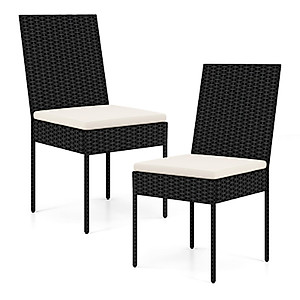 HAPPYGRILL Patio Rattan Dining Chairs Set of 2, Outdoor Armless Wicker Chairs with Cushions, High Backrest, Sturdy Metal Frame, Outside Dining Chairs for Porch Deck Yard Garden