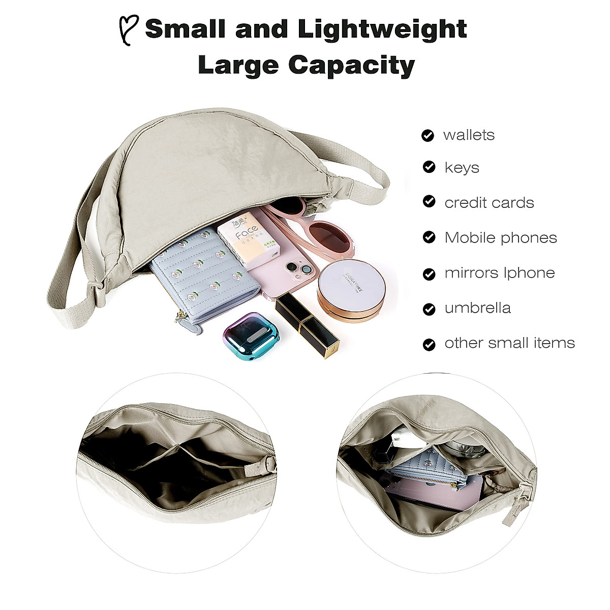Nylon Crescent Crossbody Bag for Women Men Fanny Pack Crossbody Bag Dumpling Lightweight Travel Sling Bag (02-beige)