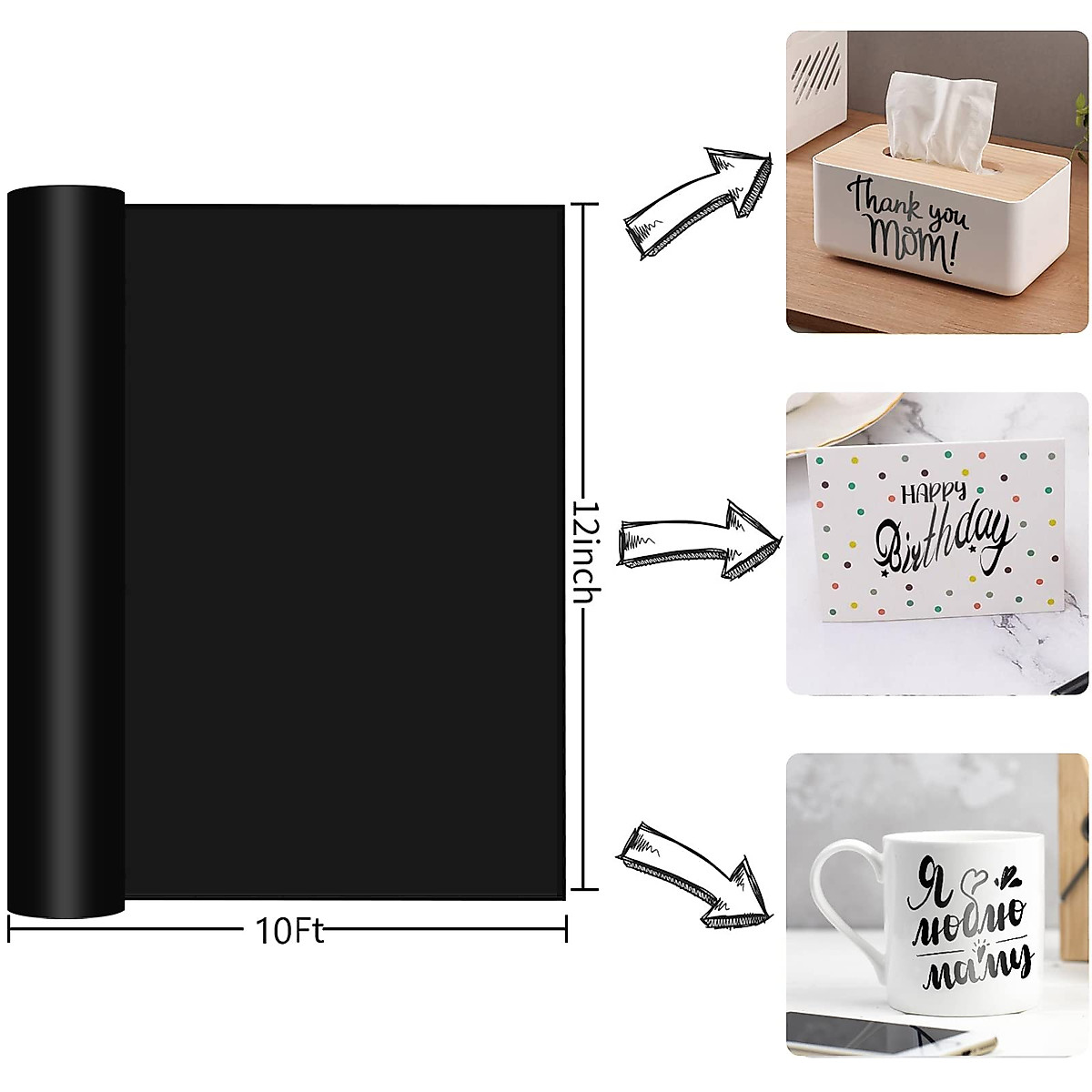 Prime Vinyl Matte Black Permanent Vinyl Roll, 12" x 10 Ft Matte Black Vinyl for Cricut- Self Adhesive Vinyl for Silhouette Cameo, Decor Sticker, Cutting Machine, Home Decal