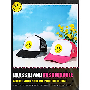 Cozypower 2 Pcs Smile Face Baseball Cap Smile Trucker Hat Mesh Adjustable Baseball Cap Retro Preppy Hats for Women(Rose Red, Black, White)