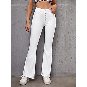 SweatyRocks Women's Casual High Waisted Flare Leg Jeans Raw Hem Bell Bottom Denim Pants White XS