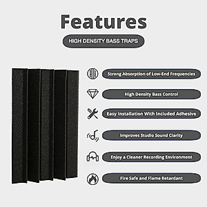 TRUE NORTH Bass Traps w/Adhesive 8 Pack - Recording Studio Acoustical Treatments - Studio Foam Bass Trap Panel Acoustic Treatment - Sound Foam Corner To Trap Bass, Bass Traps Acoustic Foam Corner