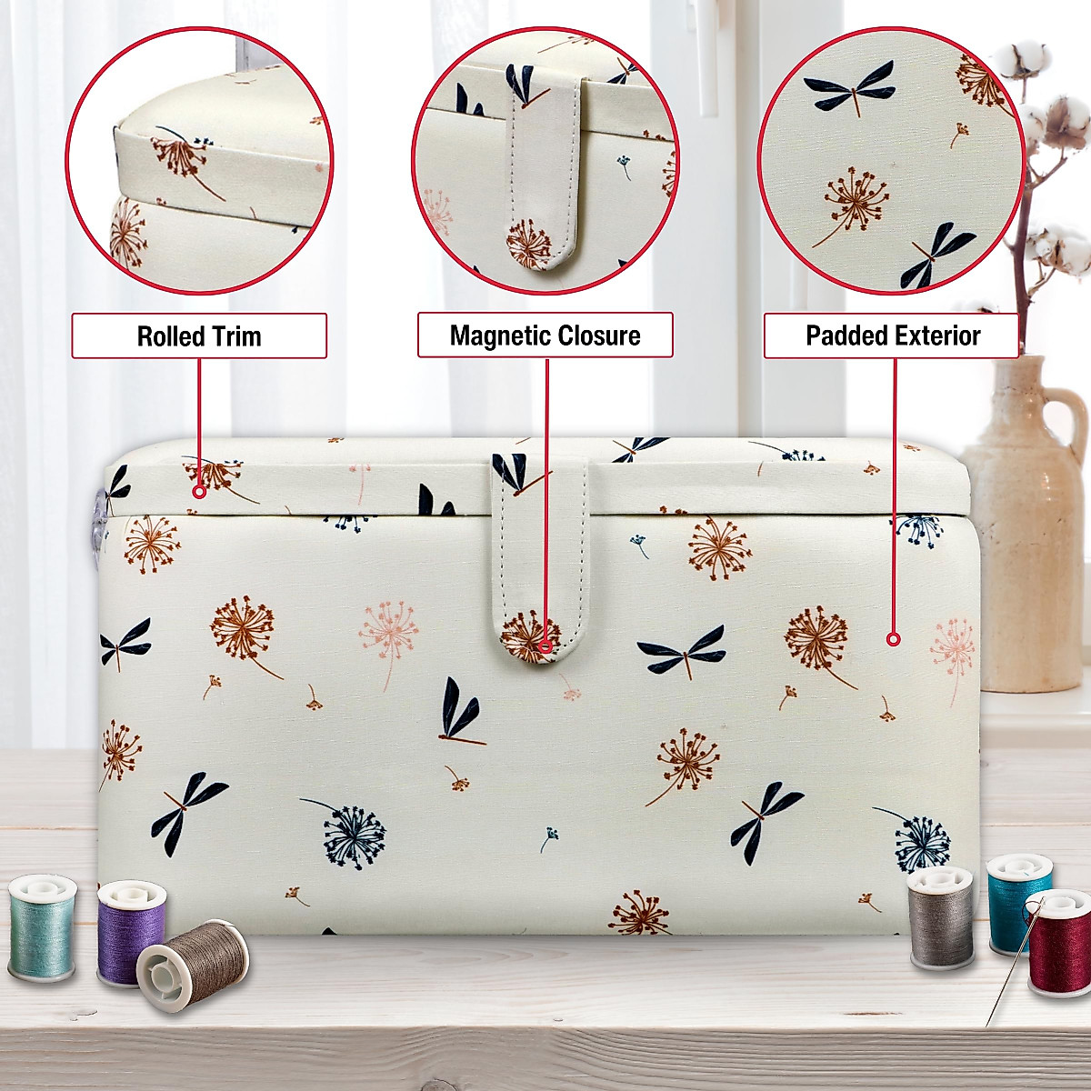 SINGER Large Premium Sewing Basket with Notions Sewing Kit & Matching Pin Cushion (Anthriscus Print)