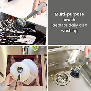 Vigar Felix Cat-Shaped Soap Dispensing Dish Brush, Dish Brush with Soap Dispenser for Pot Scrubber, Dishes, Sink, and Kitchen Essentials, Black, Gray