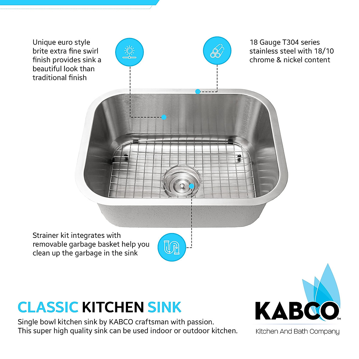 KABCO 23 Inch Single Bowl Stainless Steel Classic Kitchen Bar Sink, Rust, Sound and Heatproof Swirl Finish Stainless Steel Deep Sink with Kitchen Sink Strainer, Bottom Sink Grid and a Rolling Up Grid