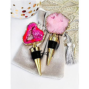 LUXE CRYSTAL CO. Handcrafted Purple Magenta Pink Agate Druzy Gold Natural Crystal Wine Champagne Stopper Handmade Bottle Barware Housewarming Bridal Shower (Pink)