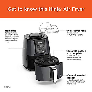 Ninja Air Fryer, 1550-Watt Programmable Base for Air Frying, Roasting, Reheating & Dehydrating with 4-Quart Ceramic Coated Basket (AF101), Black/Gray (Renewed)