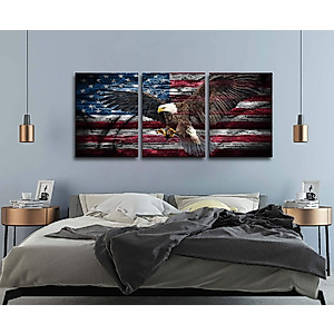KALAWA American Flag Wall Art Eagle Canvas Independence Day Artwork Red White Blue Painting Patriotic Concept Wall Decor the USA Flag Home Decor 3 Panels Print for Living Room Framed Ready to Hang