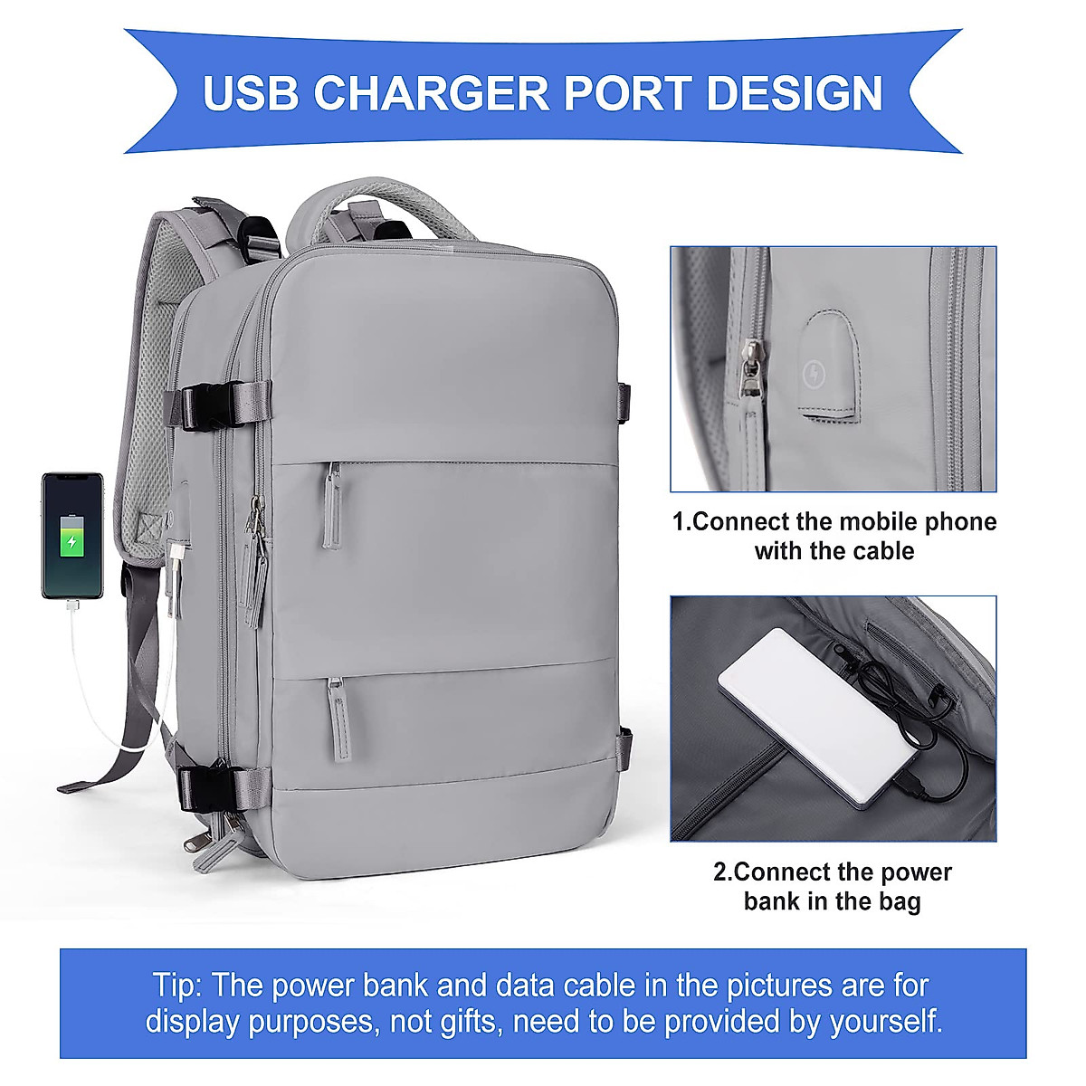 Coowoz Large Travel Backpack For Women Men, Flight Approved, Waterproof Outdoor Sports Rucksack, Casual Daypack, Fit 15.6 Inch Laptop Shoes, Grey