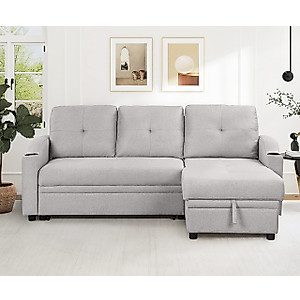 Merax 81inch Reversible Sleeper Sectional Sofa with Storage and 2 Cup Holder -Contemporary Corner Sectional with Pull-Out Sleeper and Chaise,3 Seat Sectional Sofa with Storage