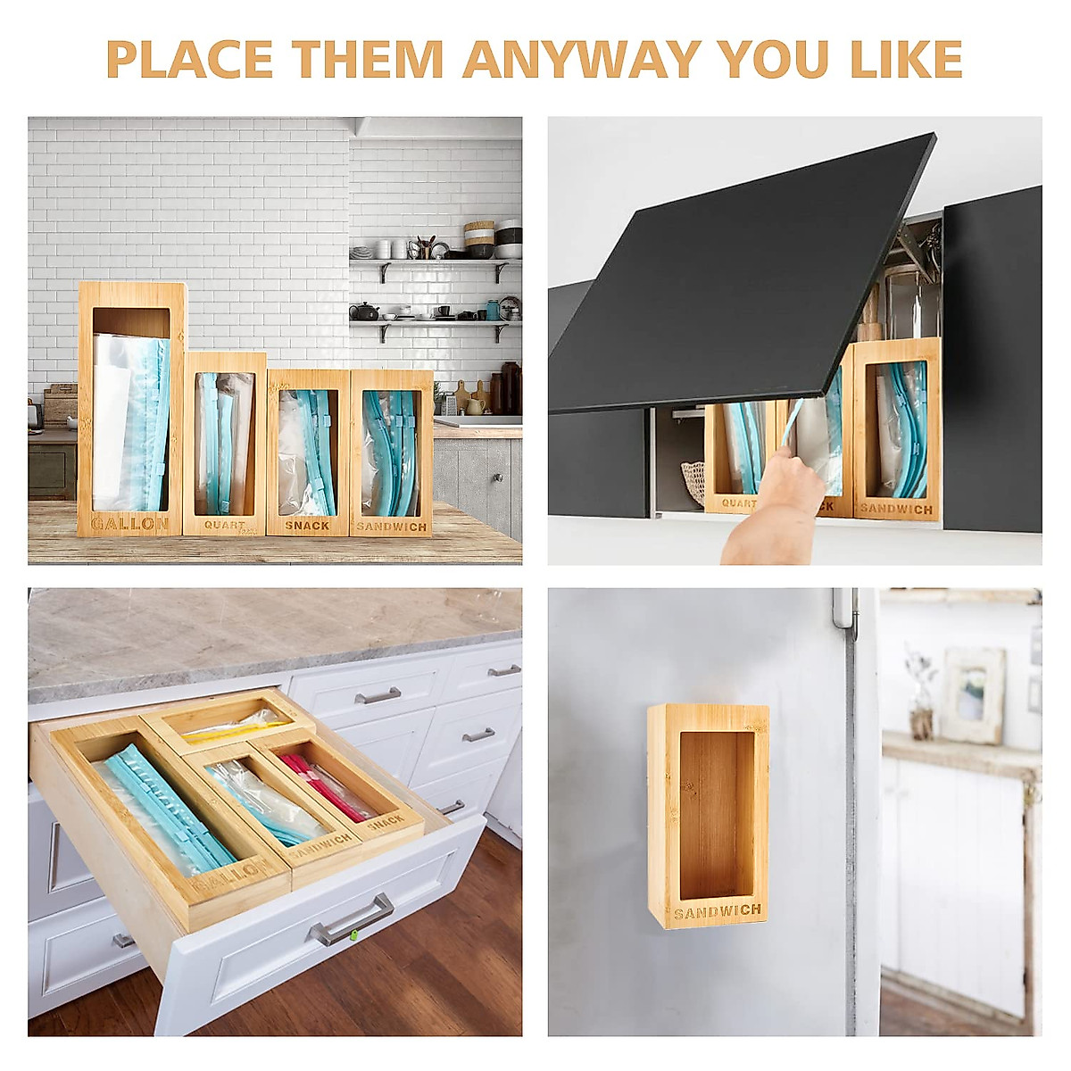 Ziplock Bag Storage Organizer For Kitchen Drawer - This Storage Dispenser for Drawer - ZipLock Bag Container Organizer in 4 Sizes, Gallon, Snack, Quart and Sandwich