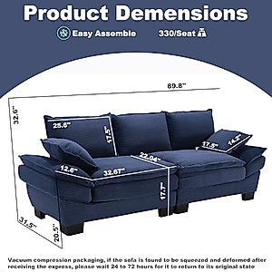 Modern Loveseat Couch Sofa,89'' Corduroy Upholstered 2-Seat Sofa, Sectional Love Seat Furniture with 2 Pillows with Movable Armrest, Deep Couches for Living Room,Navy Blue