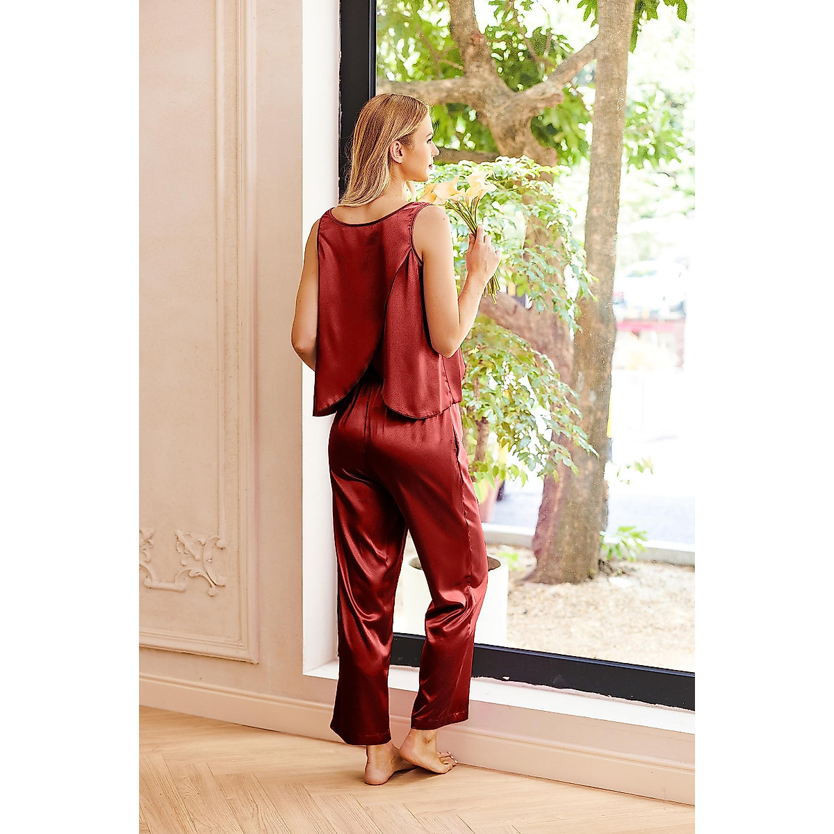 Ekouaer Womens Satin Pajamas Set Back Split Top and Long Pant Silk Pj Set Tank Sleepwear S-XXL Wine Red
